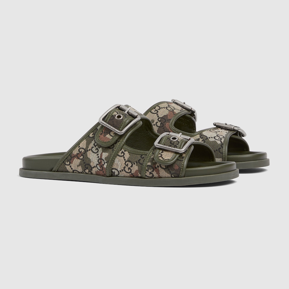 Men's slide sandal with buckles in black and grey GG canvas | GUCCI® AU