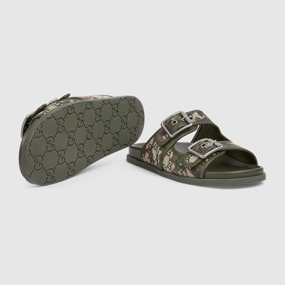 Men's slide sandal with buckles in black and grey GG canvas | GUCCI® AU