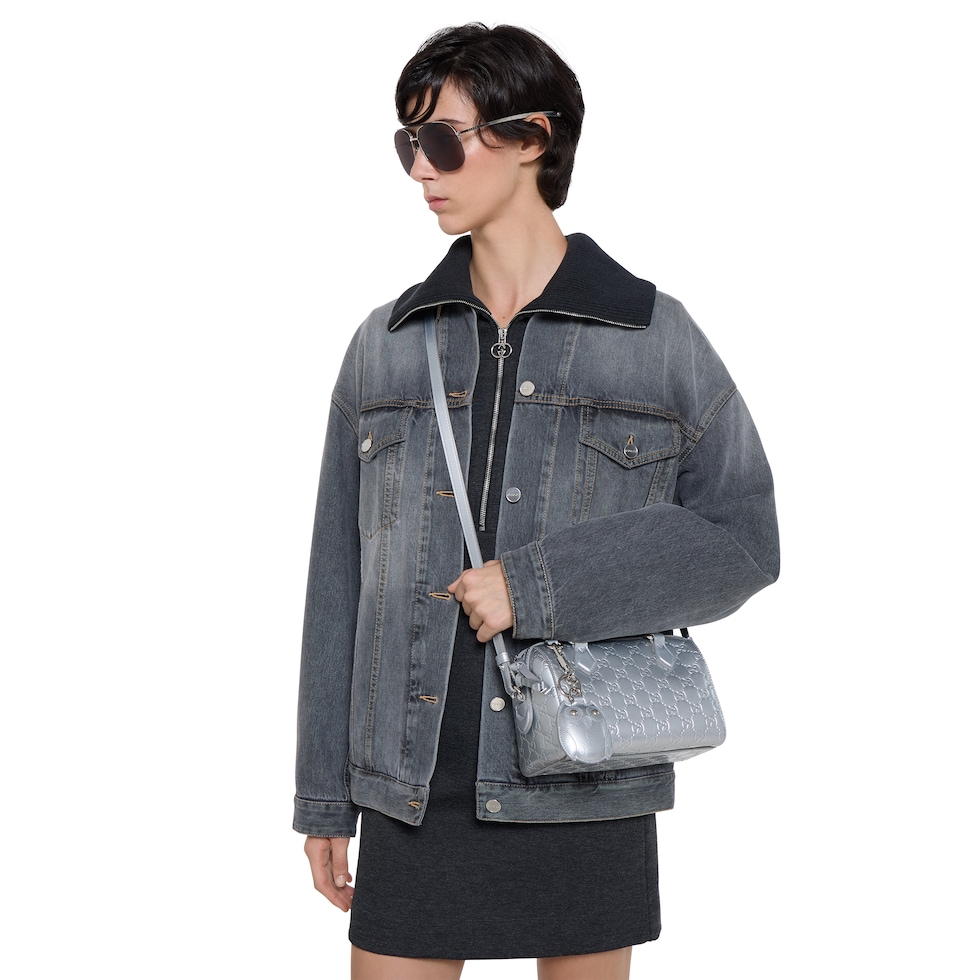 GG Emblem small boston bag in silver GG leather | GUCCI® SG