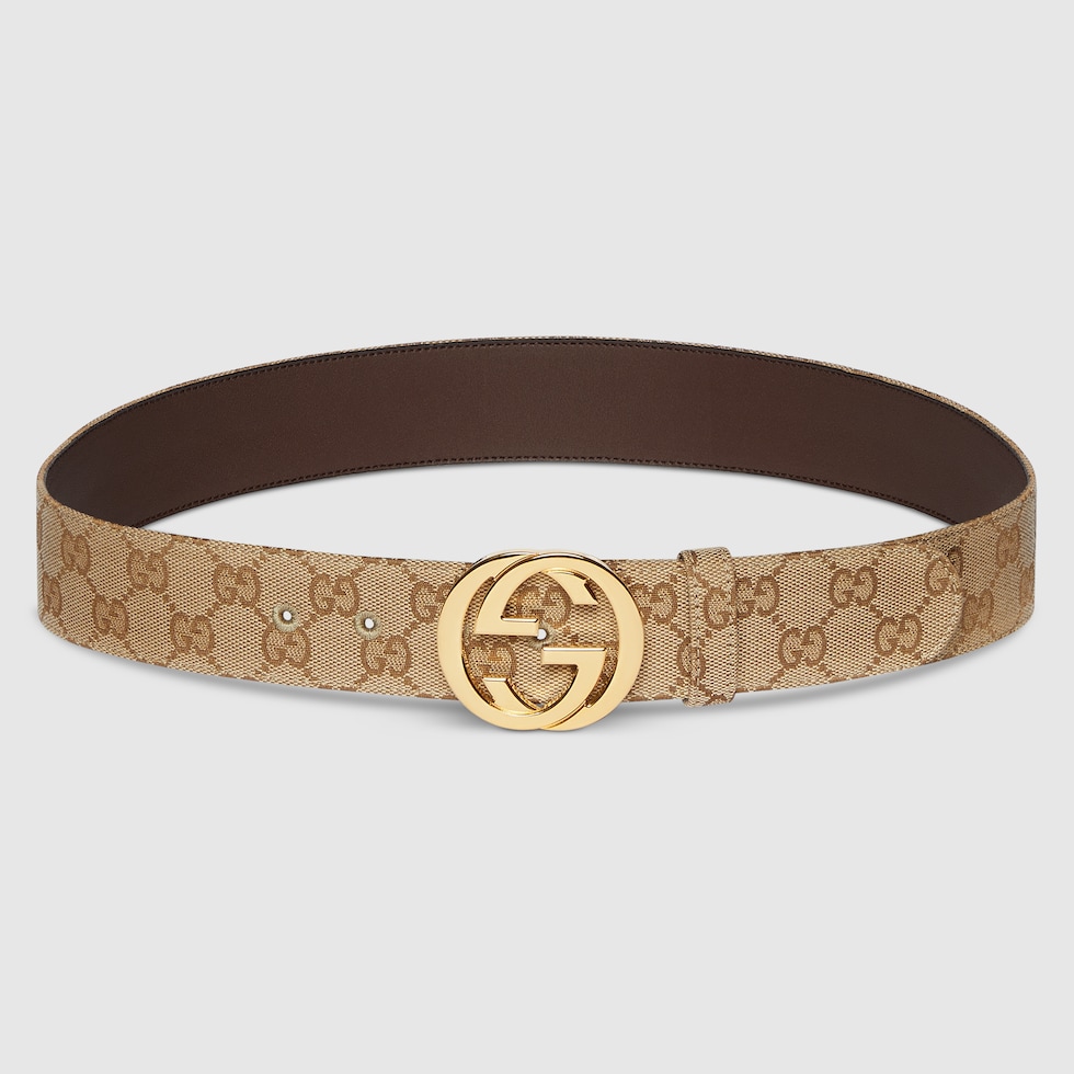 Belt with Interlocking G buckle in sand GG canvas | GUCCI® US