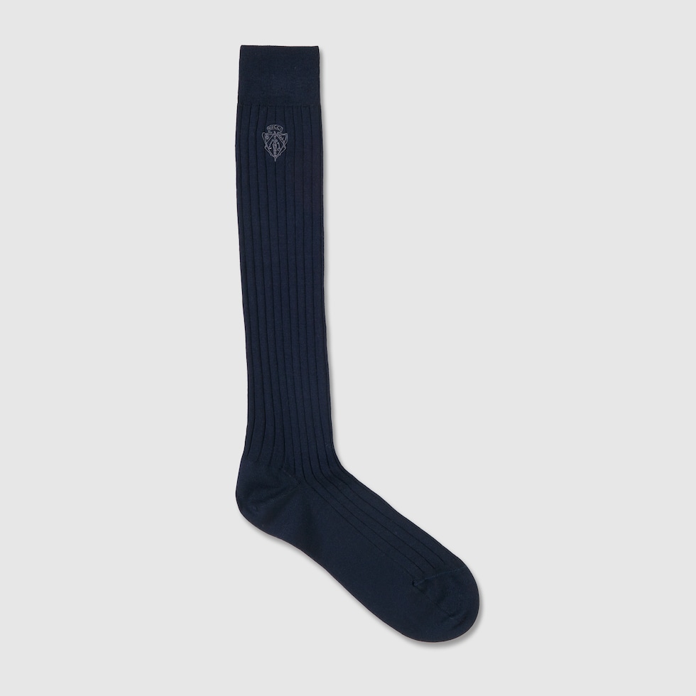 Knit cotton socks with embroidery in blue | GUCCI® SG