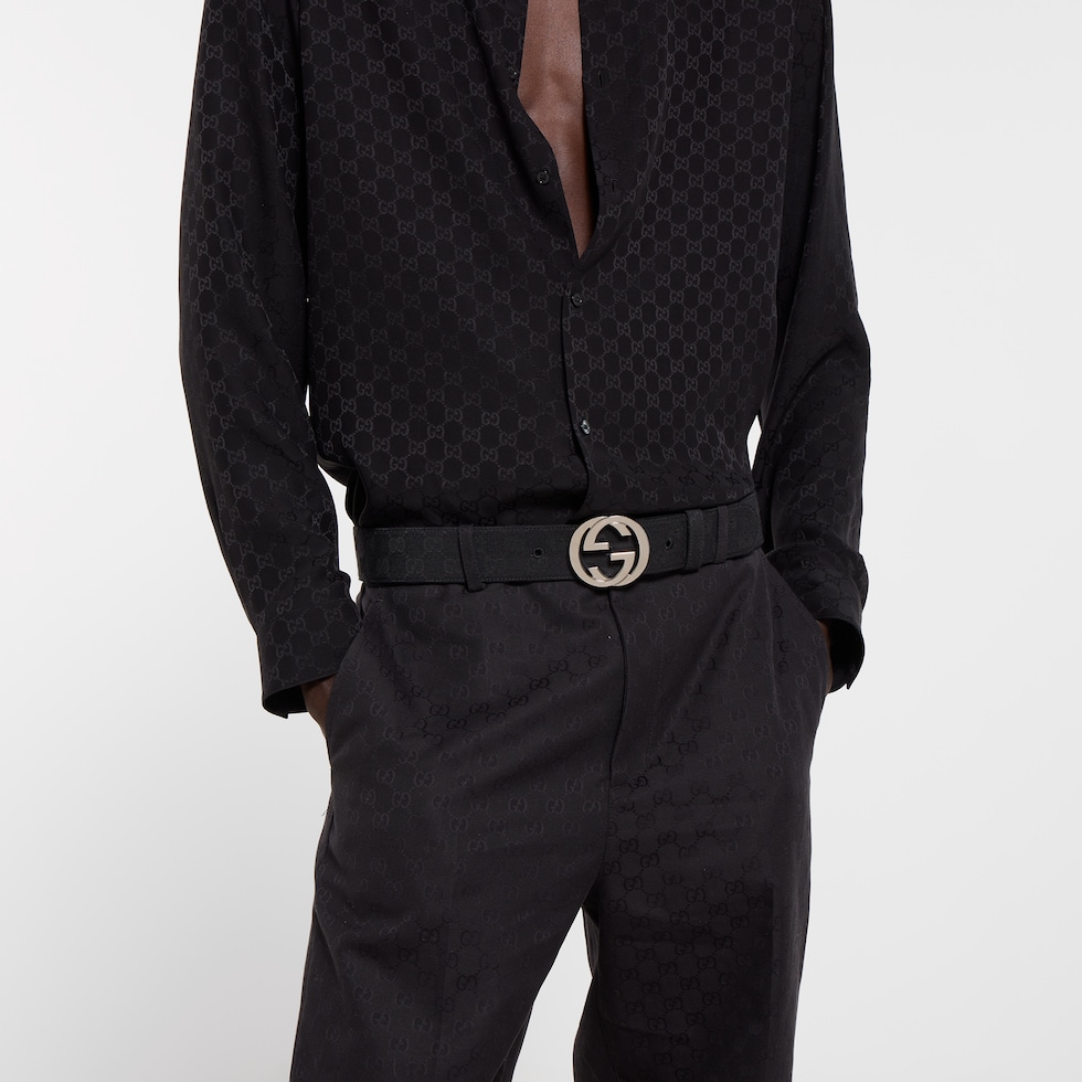 Belt with Interlocking G buckle in black GG canvas | GUCCI® US