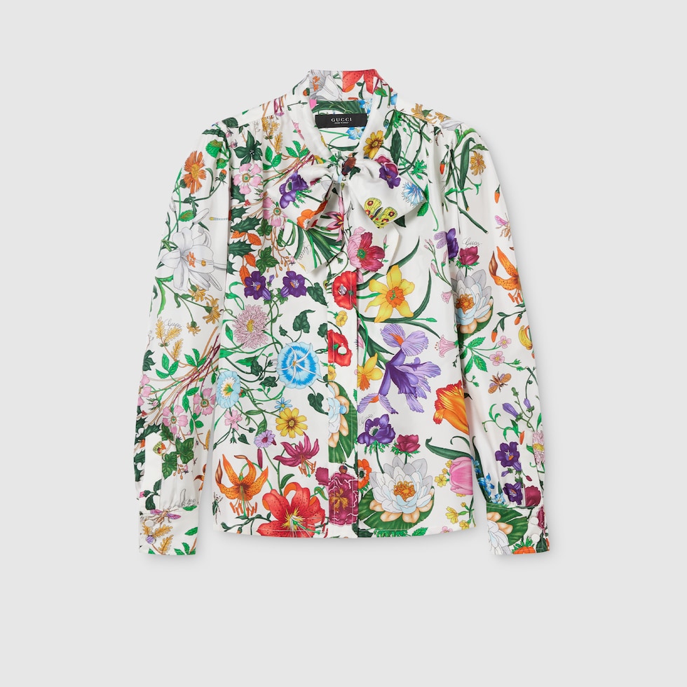 Camisa de sarga de seda con lazo y estampado en multicolor | GUCCI® MX