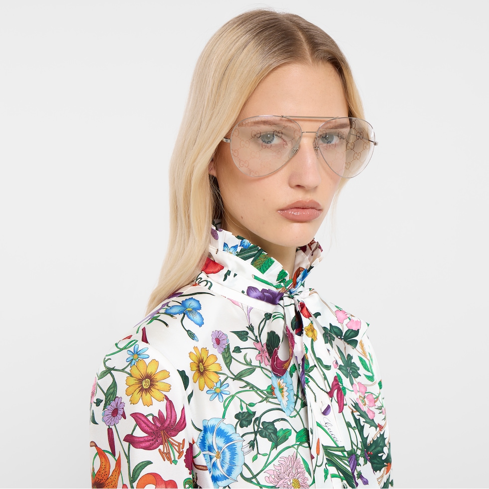 Printed silk twill long dress in multicolor | GUCCI® SG