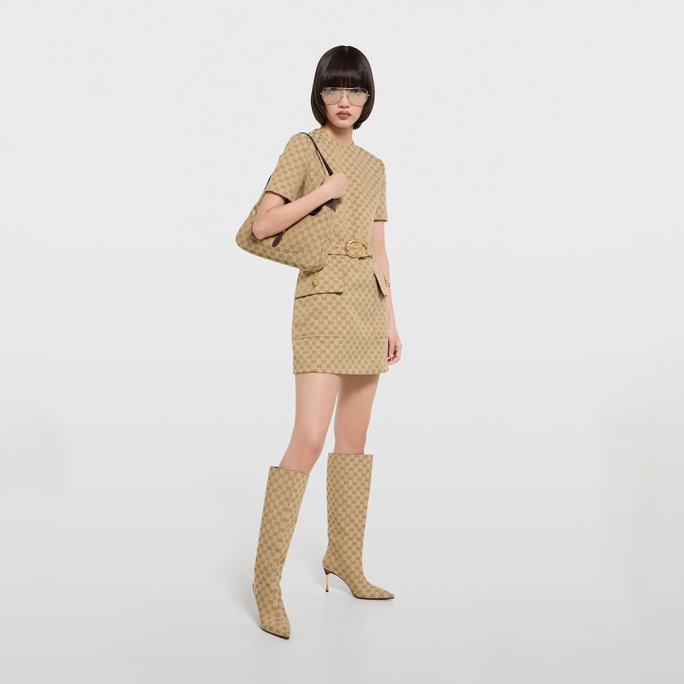 Women's Bombshell boot in sand and brown GG canvas | GUCCI® IE