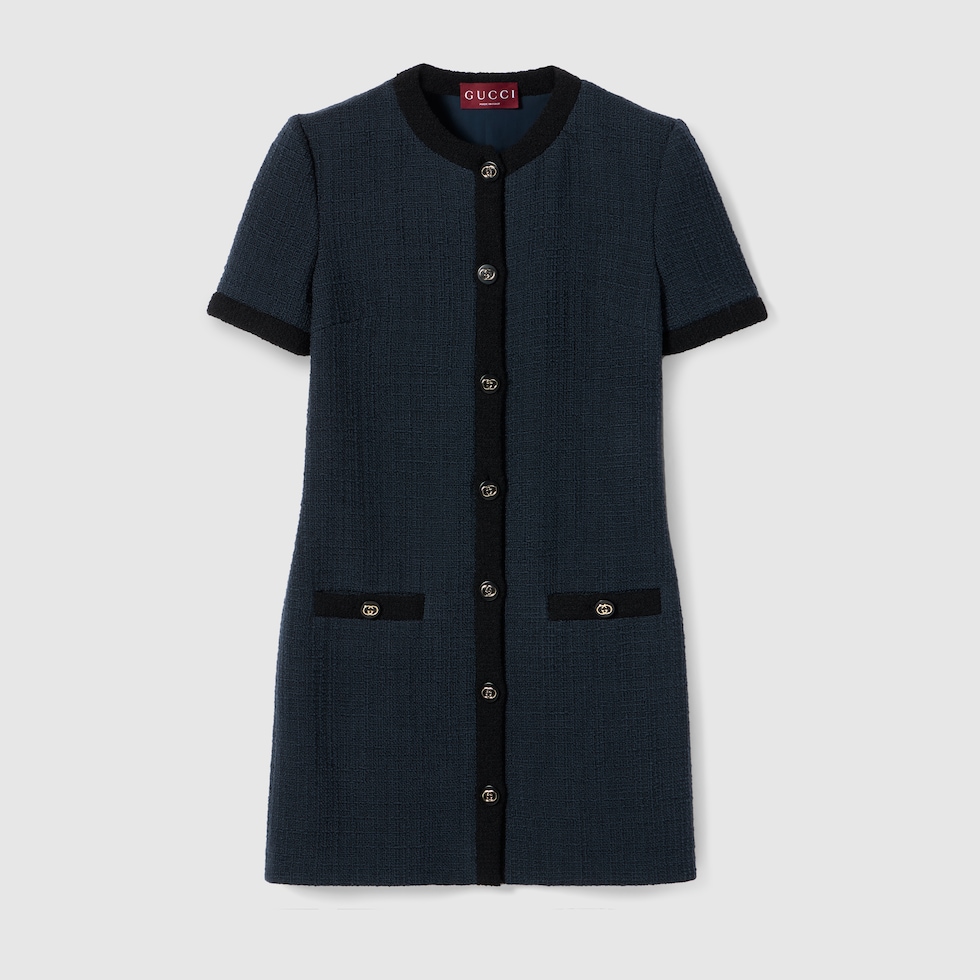Wool textured tweed dress in blue | GUCCI® SG