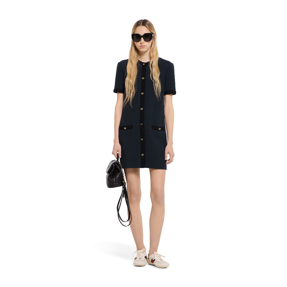 Wool textured tweed dress in blue | GUCCI® SG