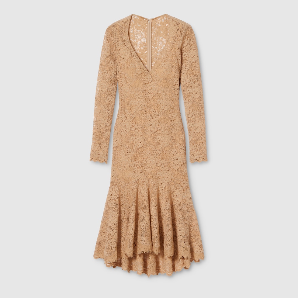 GG flower stretch lace dress in camel | GUCCI® SG