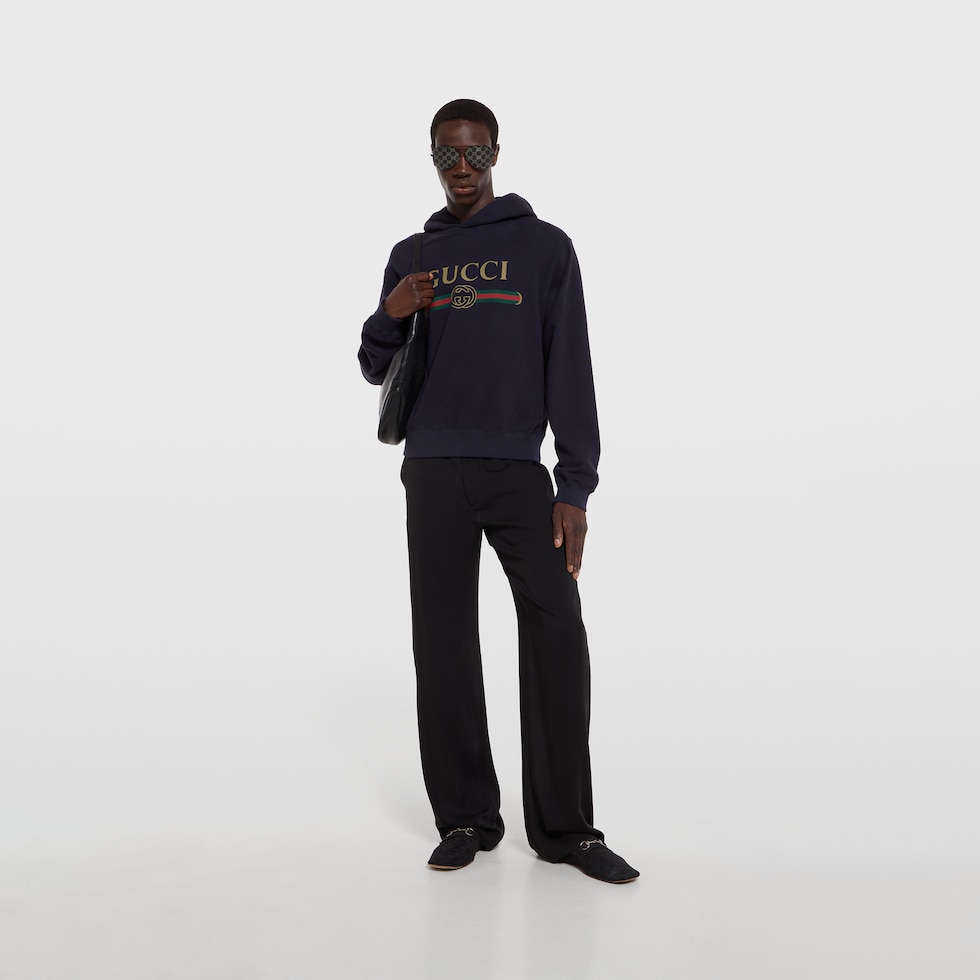 Cashmere blend sweatshirt with print in dark blue | GUCCI® NL