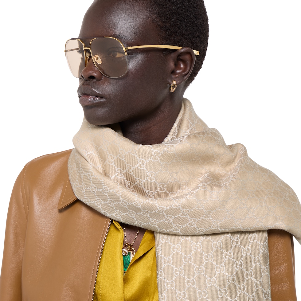GG silk wool shawl in beige and white | GUCCI® SG