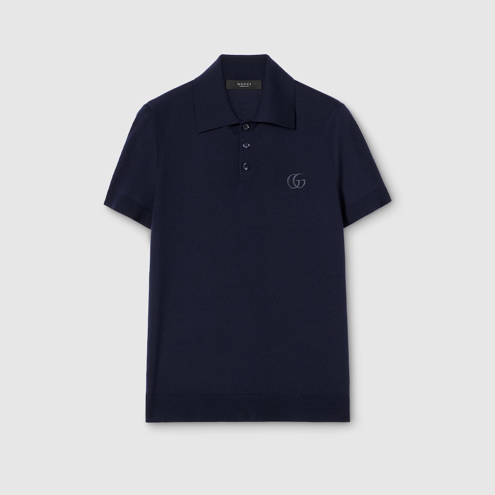 Polo in maglia di lana con ricamo in blu scuro | GUCCI® IT