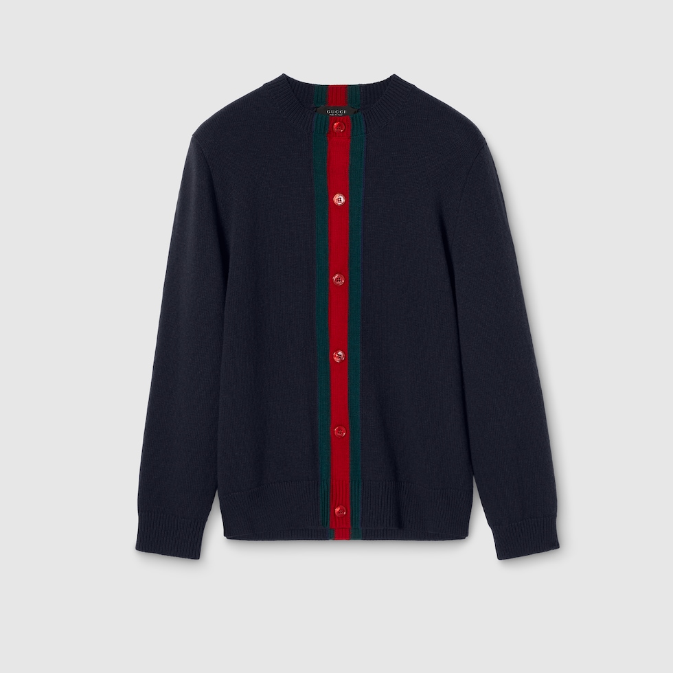 Knit wool cardigan with Web in dark blue | GUCCI® SG