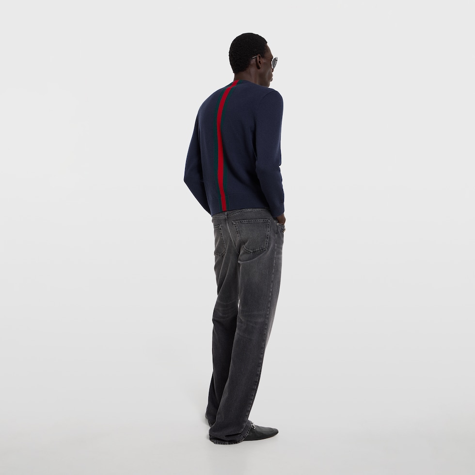 Knit wool cardigan with Web in dark blue | GUCCI® SG