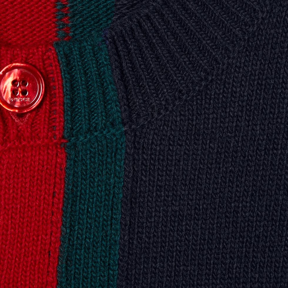 Knit wool cardigan with Web in dark blue | GUCCI® SG