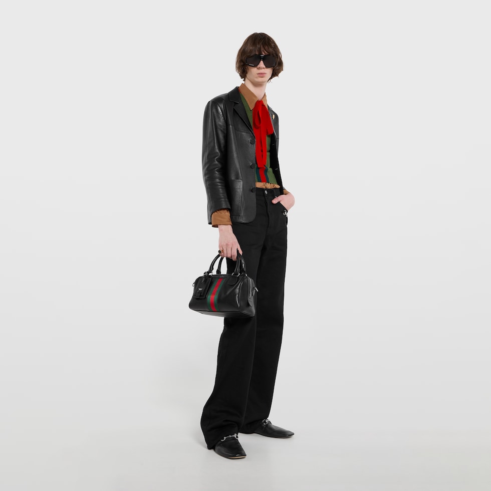 Web Trademark small duffle bag in black leather | GUCCI® SG