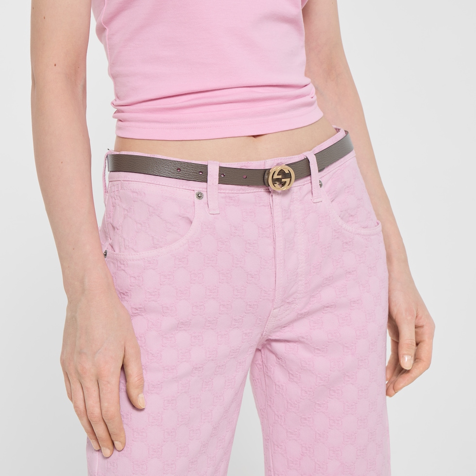 Reversible thin belt in pink and taupe leather | GUCCI® ZA