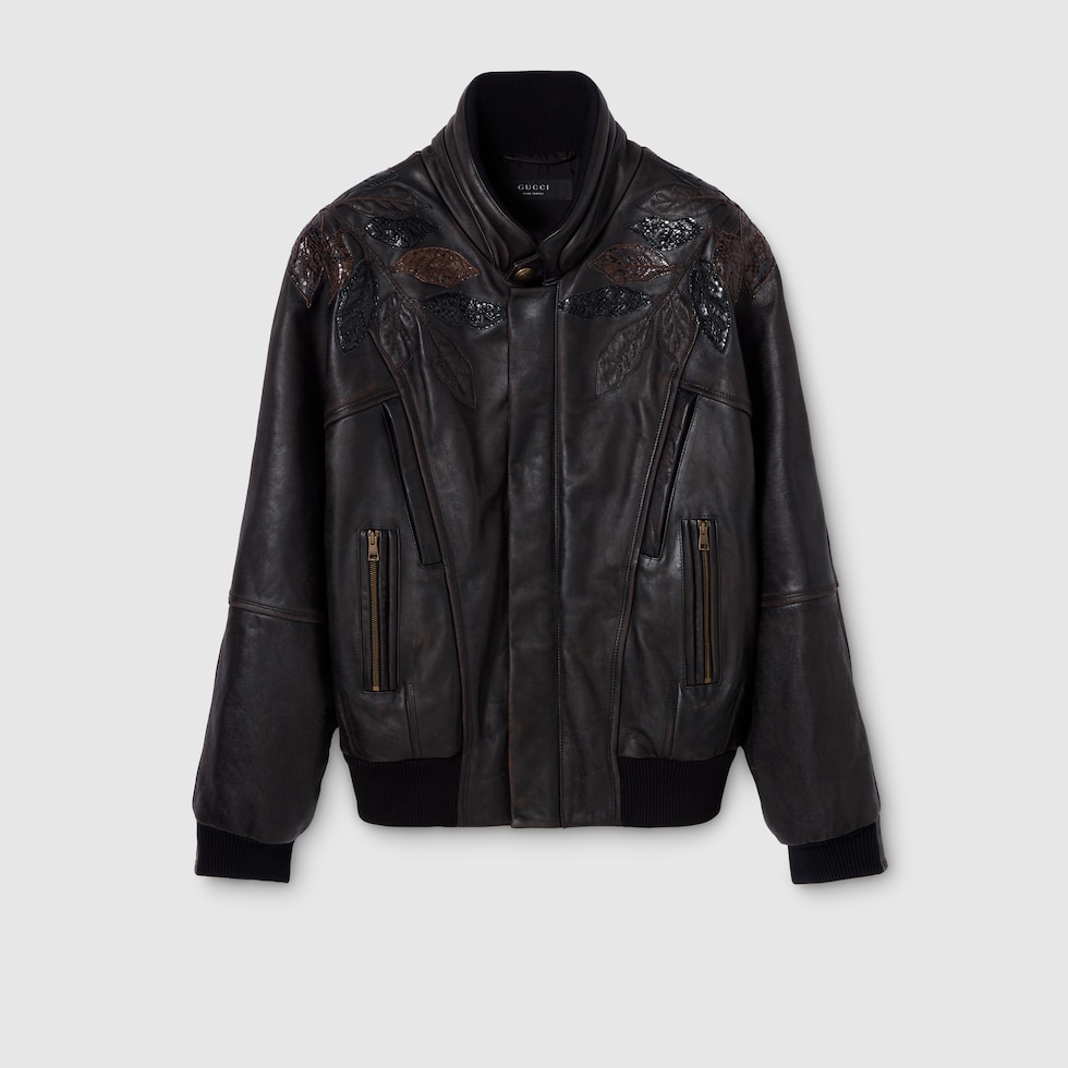 Leather with aged effect bomber jacket in dark brown | GUCCI® US