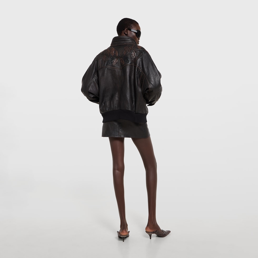 Leather with aged effect bomber jacket in dark brown | GUCCI® US