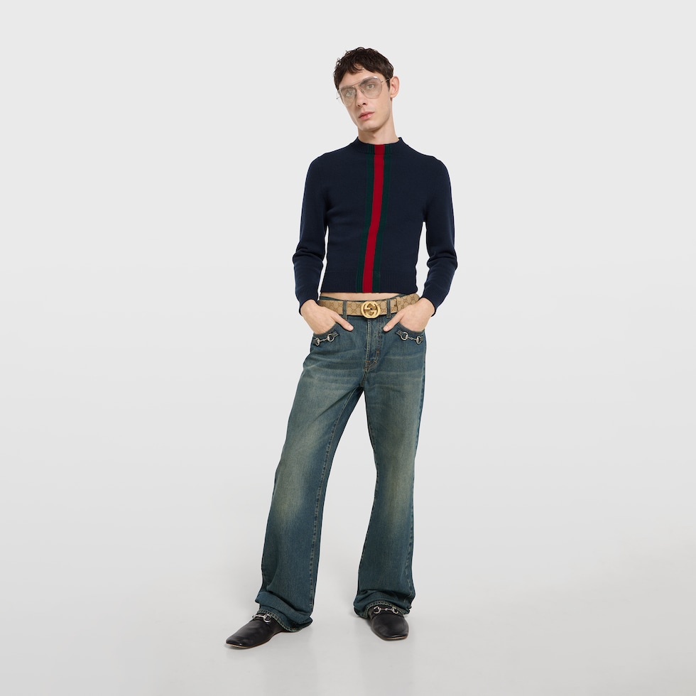 Belt with Interlocking G buckle in sand GG canvas | GUCCI® US