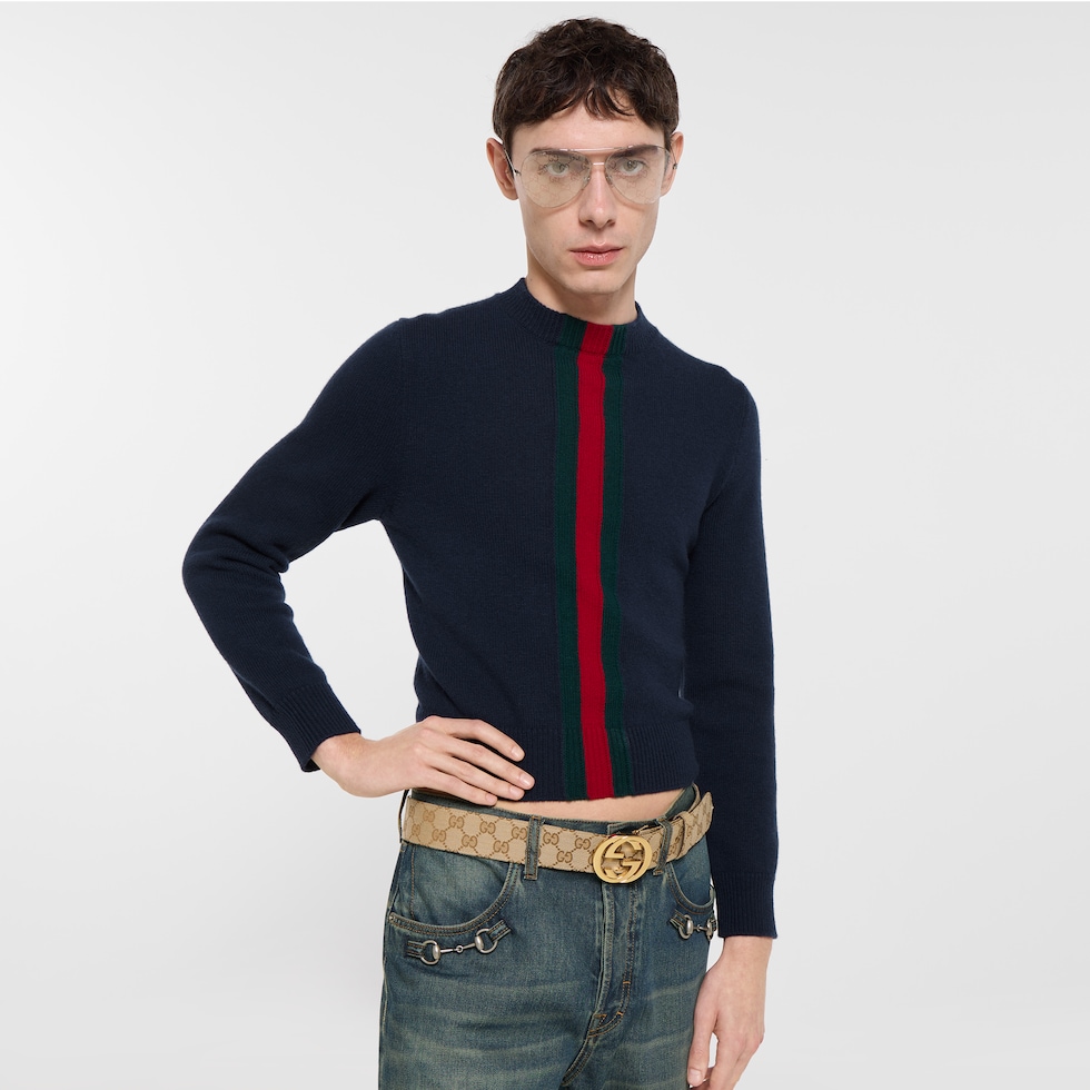Belt with Interlocking G buckle in sand GG canvas | GUCCI® US