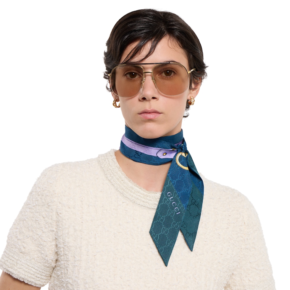 Cinta de sarga de seda estampada en azul marino y verde oscuro | GUCCI® ES