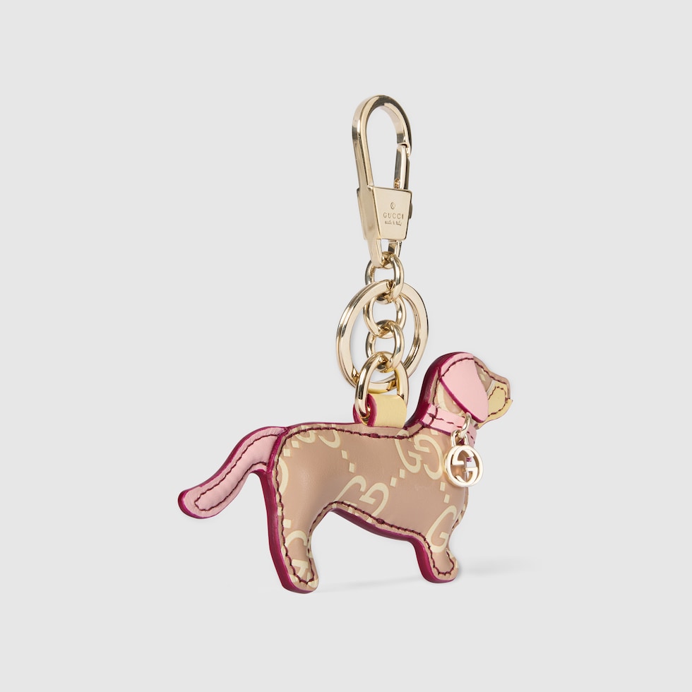 Dog-shaped bag charm in pink and beige GG leather | GUCCI® AU
