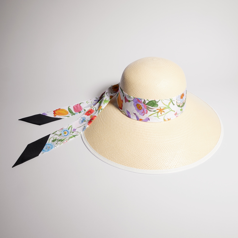 Panama twill hat with silk ribbon in light beige | GUCCI® UK