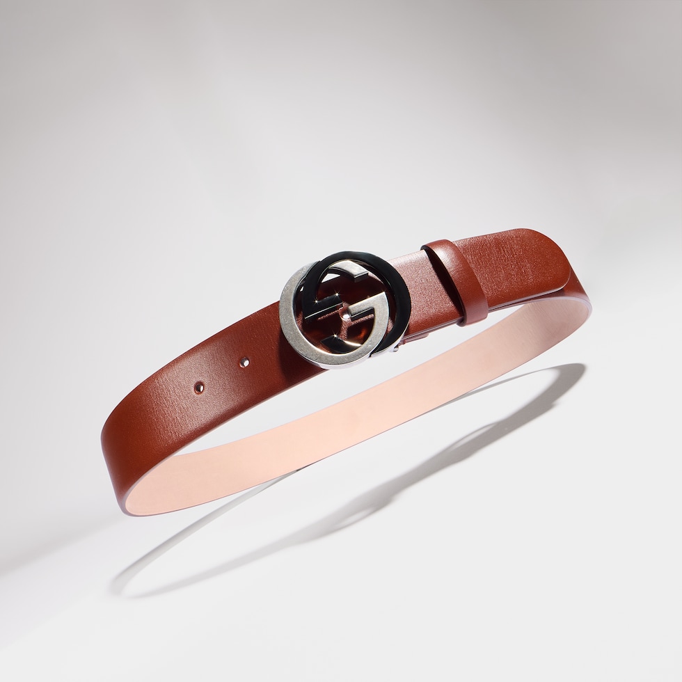 Wide belt with Interlocking G buckle in russet leather | GUCCI® US