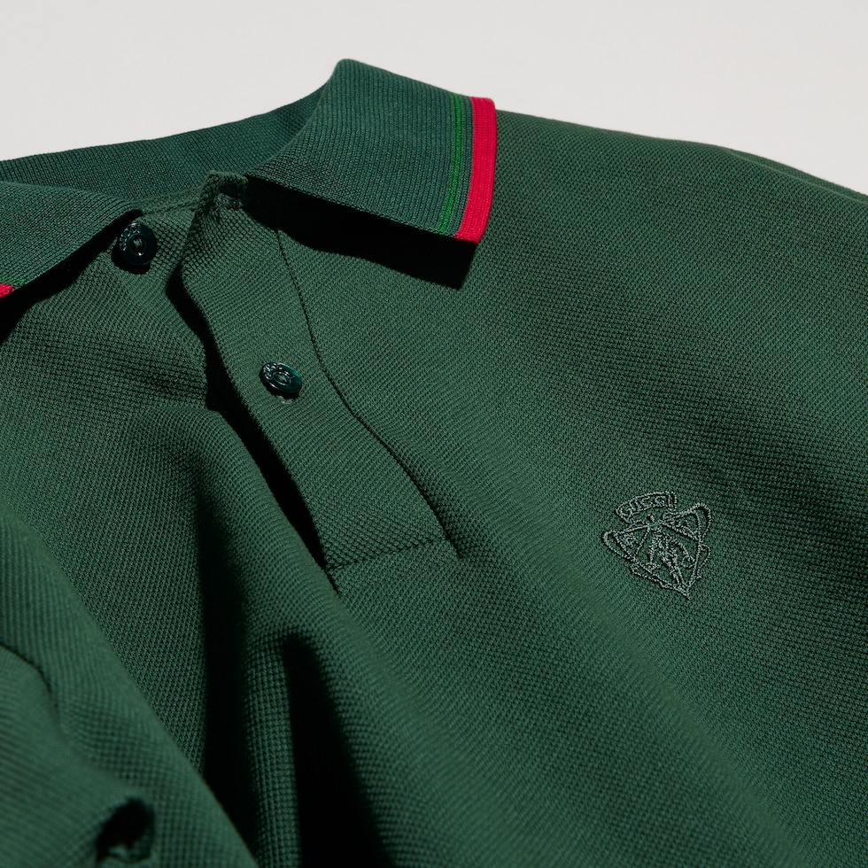Cotton piquet polo shirt with embroidery in dark green | GUCCI® CH