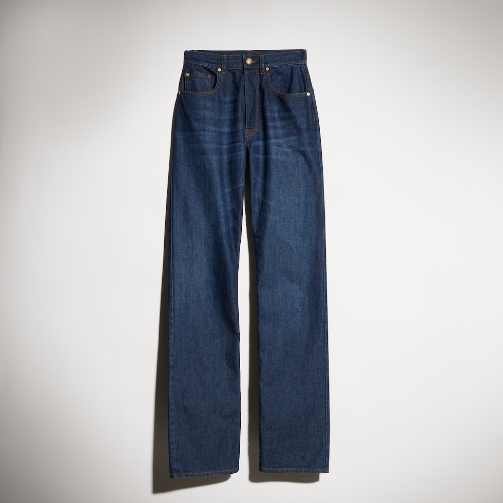 Cotton denim pants with embroidery in blue | GUCCI® AU