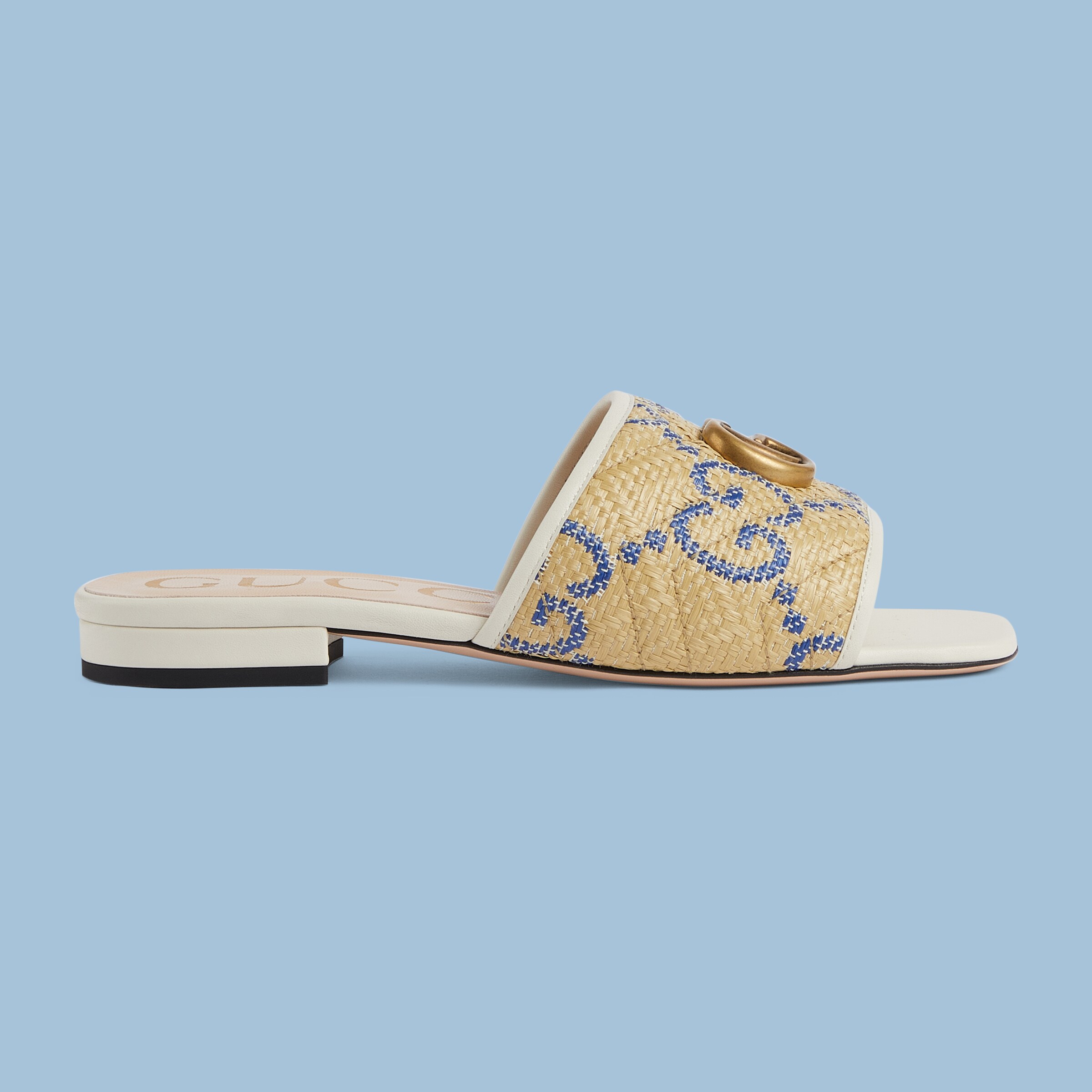 Women's GG raffia effect slide in beige and blue fabric | GUCCI® Australia