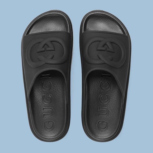 Women's slide with Interlocking G in black rubber | GUCCI® GR