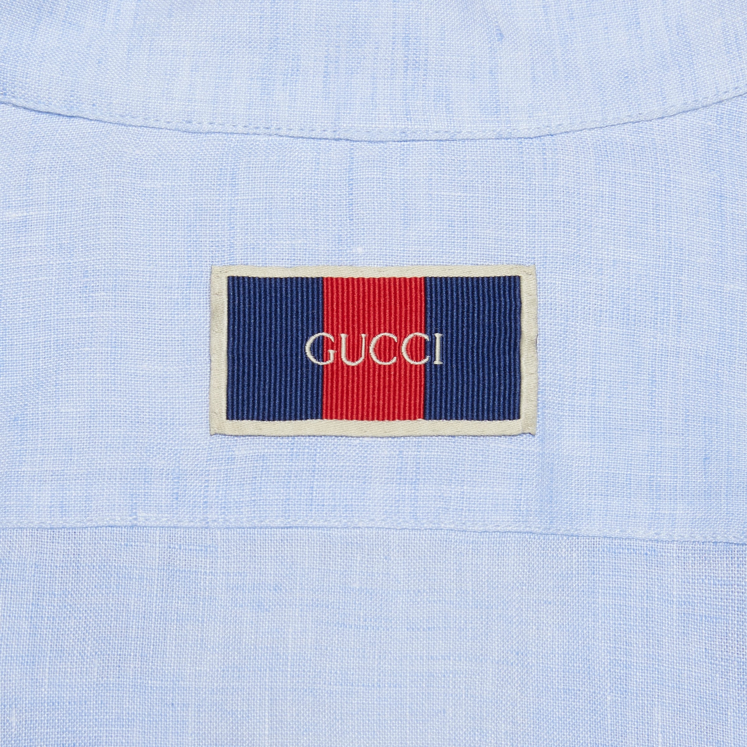 Linen shirt with Gucci label in light blue | GUCCI® Canada