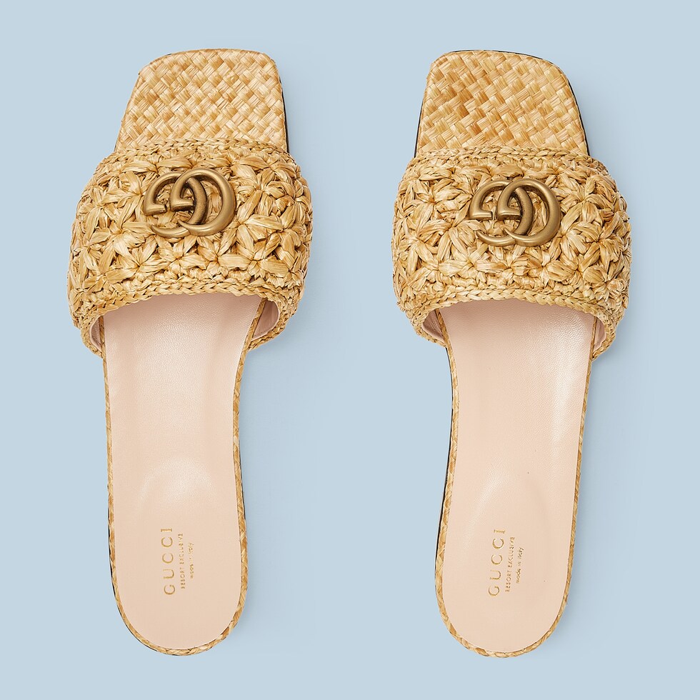 Women's Double G slide sandal in beige raffia-effect fabric | GUCCI® UK