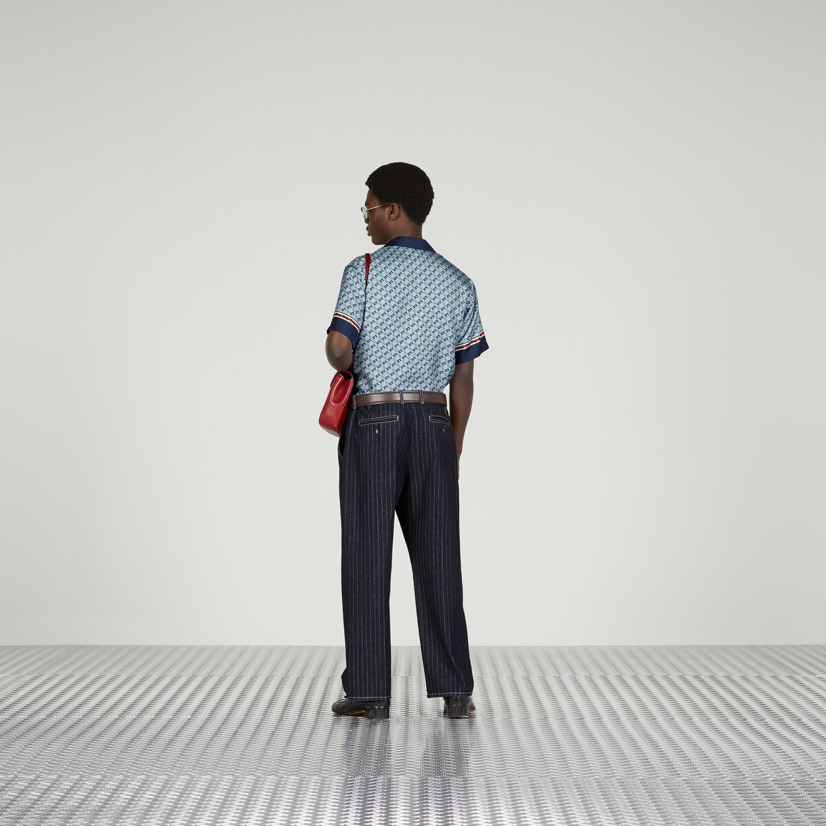 Geometric Square G print silk shirt in light blue | GUCCI® TH