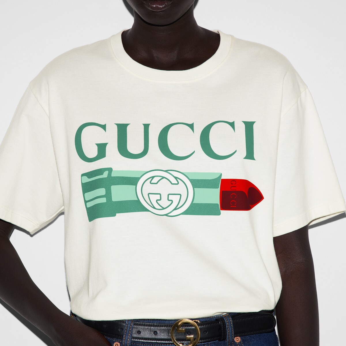 Gucci lipstick print print cotton T-shirt in white | GUCCI® MX