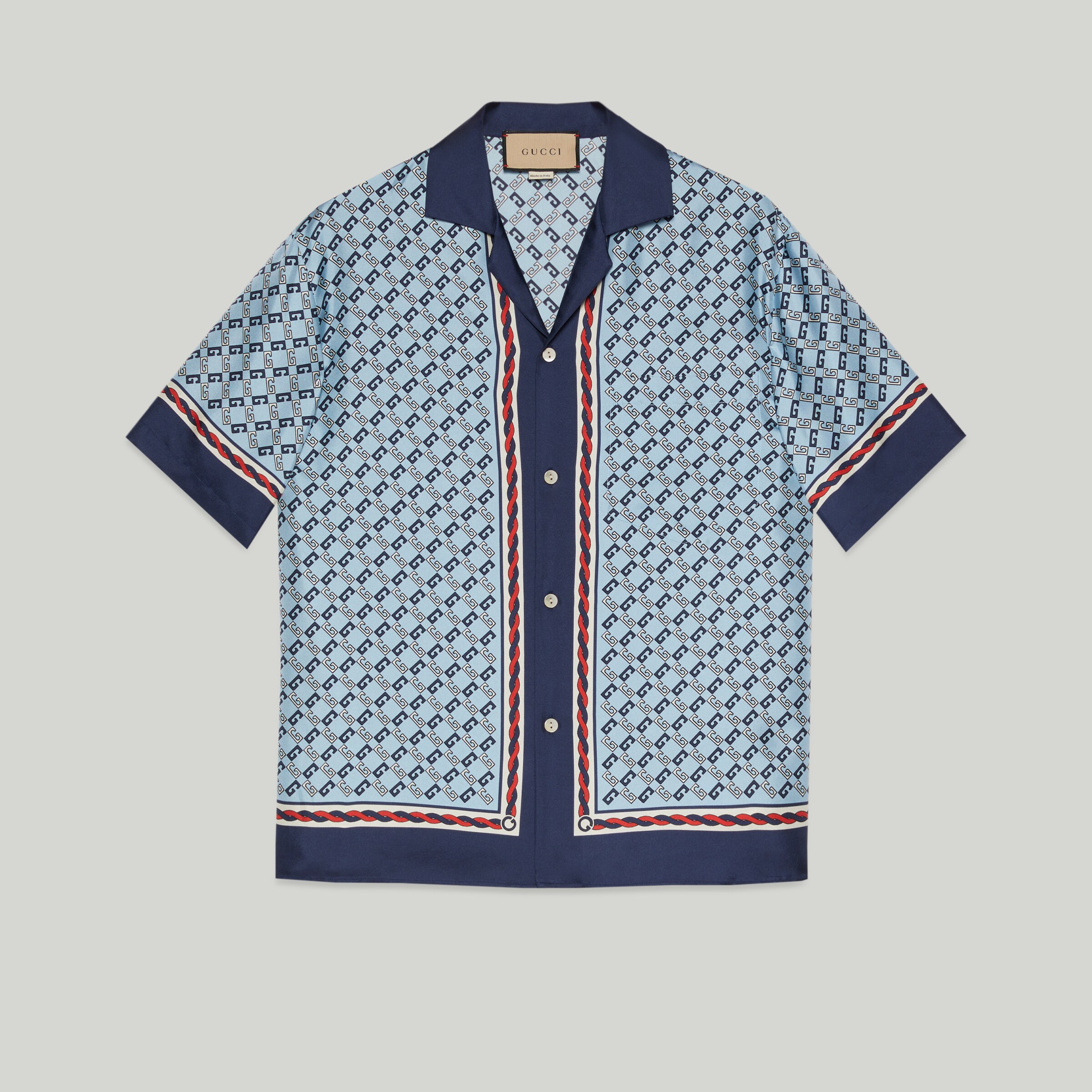 Hemd aus Seide mit geometrischem Square G Print in hellblau | GUCCI® CH