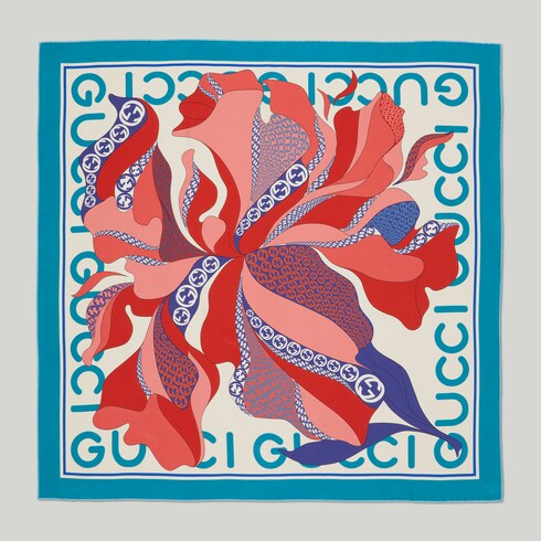 Gucci maxi flower print silk scarf in turquoise, ivory and multicolour ...
