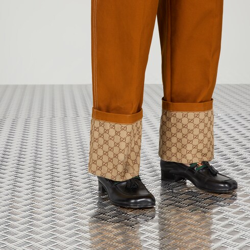 Canvas dungaree with Interlocking G patch in light brown | GUCCI® GR