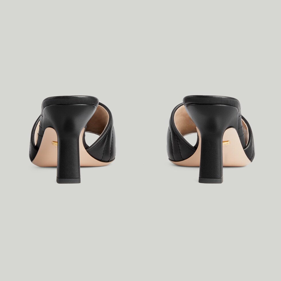 Women's Double G mid-heel slide sandal in black matelassé leather ...