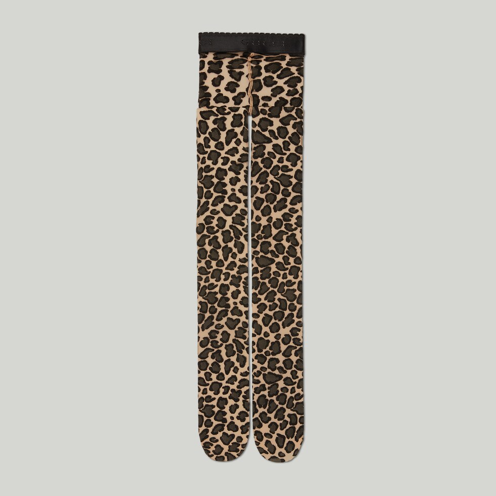 Stretch knit leopard print tights in brown and black | GUCCI® SG