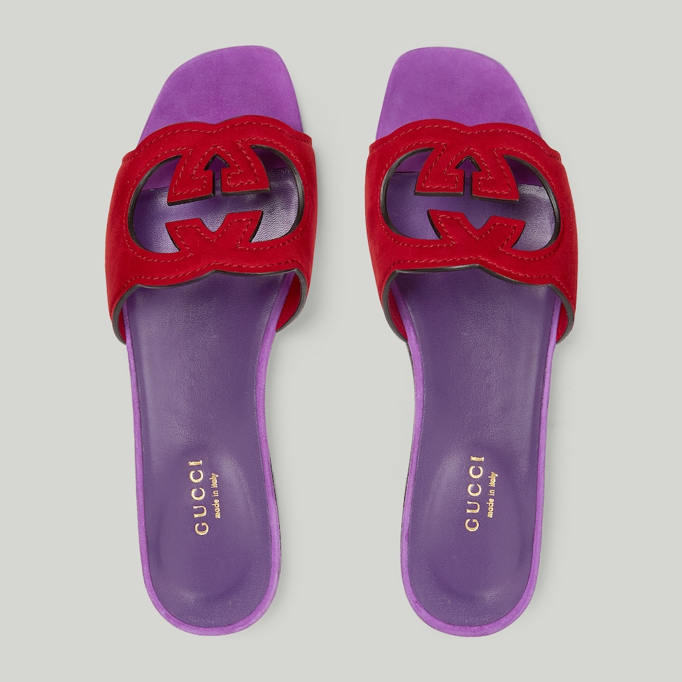 Women's Interlocking G cut-out slide sandal in red and purple suede ...