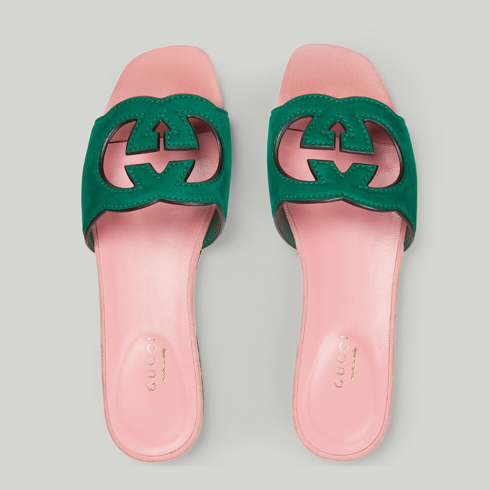 Women's Interlocking G cut-out slide sandal in green and pink suede ...