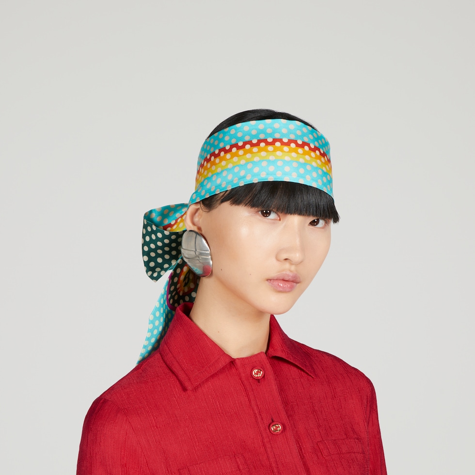 Polka dot print silk headscarf in turquoise and multicolour | GUCCI® SG