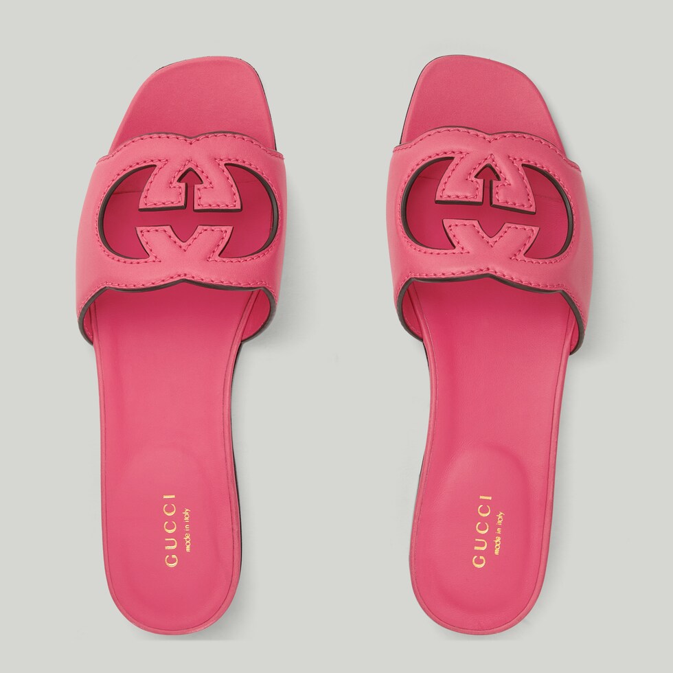 Mules à détail GG ajouré pour femme en cuir rose foncé | GUCCI® FR
