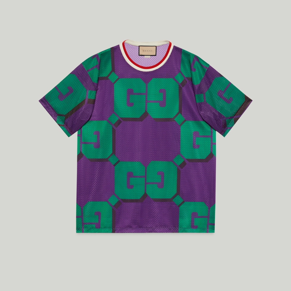 GG print mesh T-shirt in purple and green | GUCCI® NL
