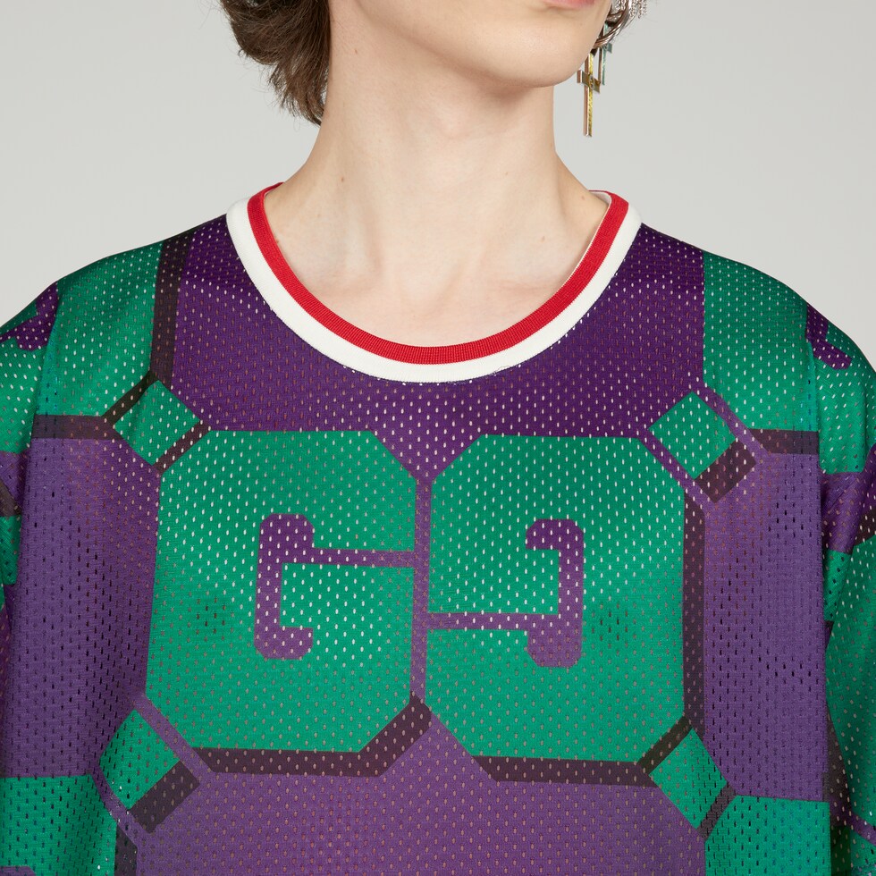 GG print mesh T-shirt in purple and green | GUCCI® IE