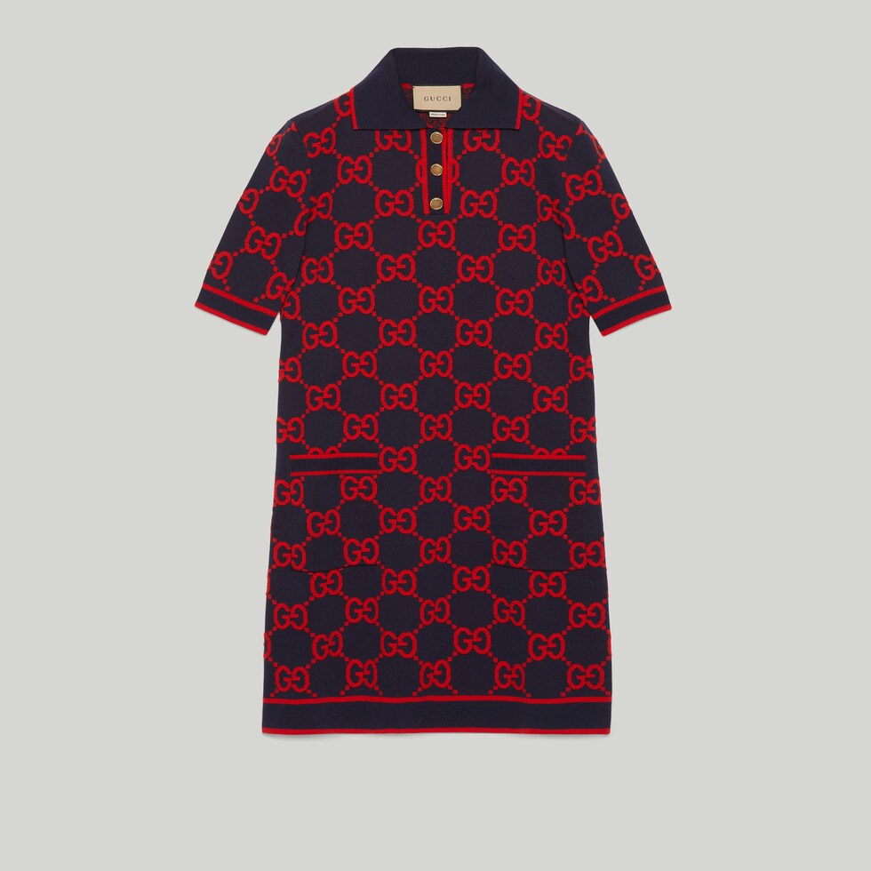 GG cotton and silk blend polo dress in green and red | GUCCI® UK