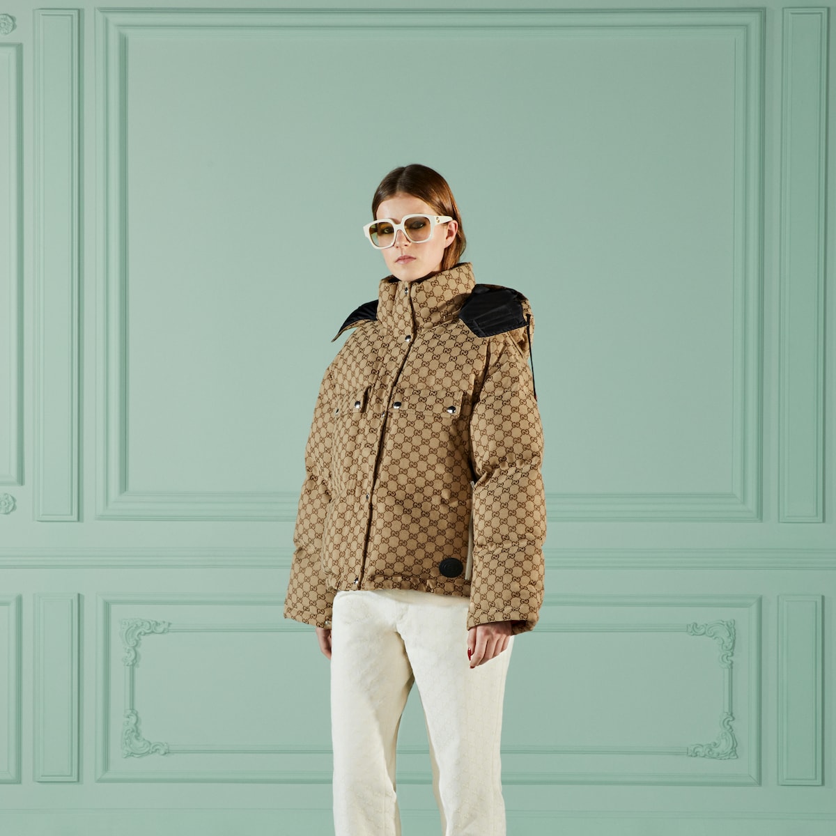GG cotton canvas puffer jacket in camel and ebony | GUCCI® US