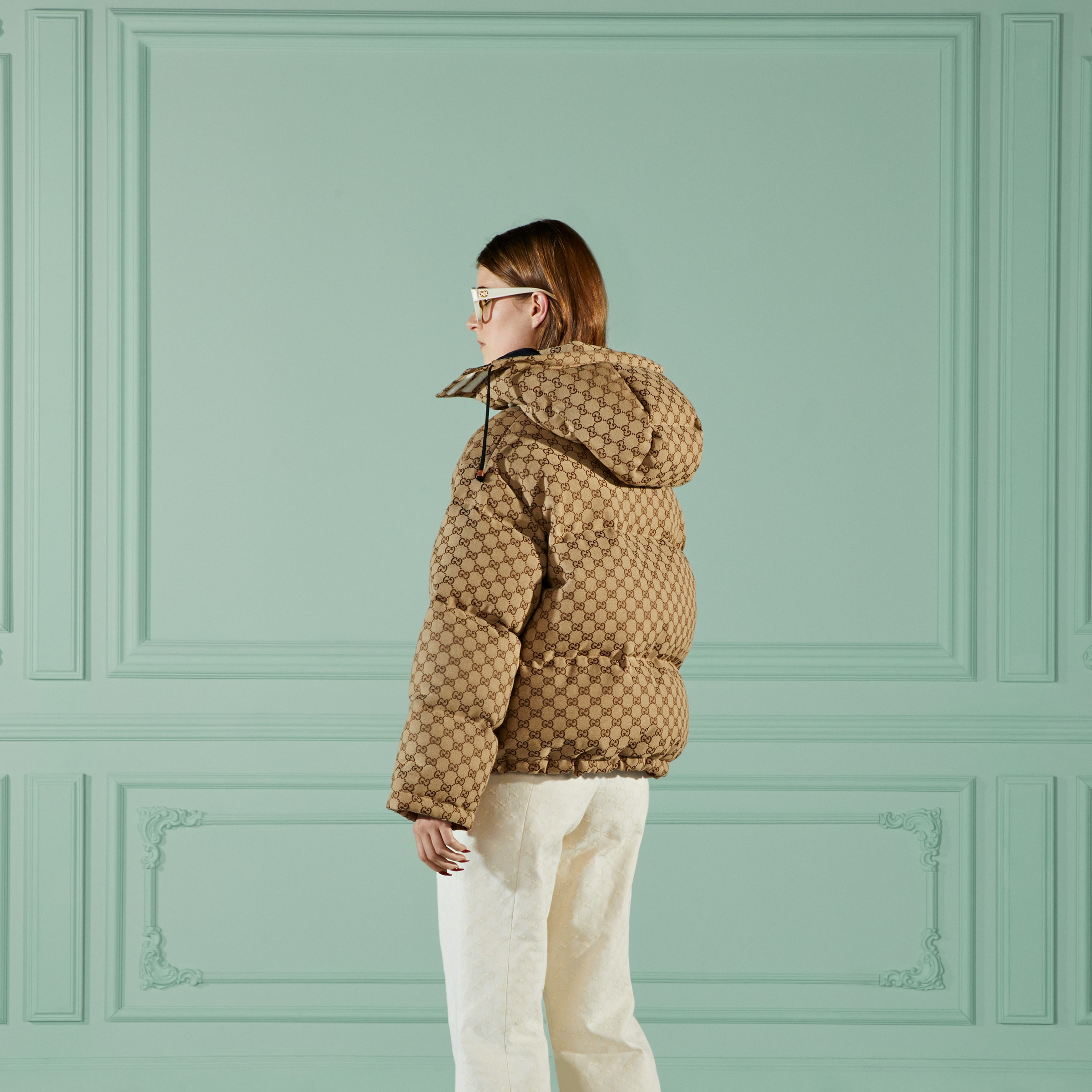 GG cotton canvas puffer jacket in camel and ebony | GUCCI® US
